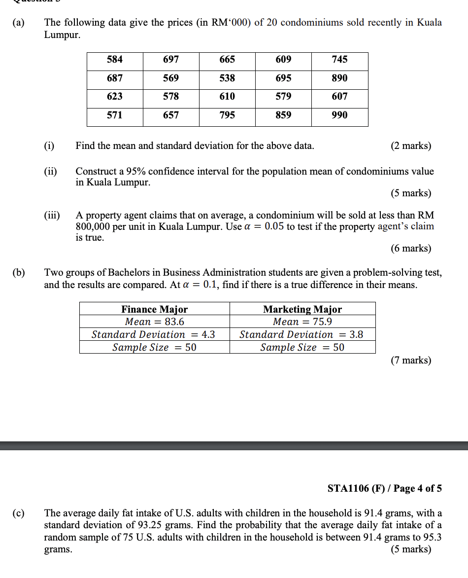 Solved (a) The following data give the prices (in RM′000 ) | Chegg.com