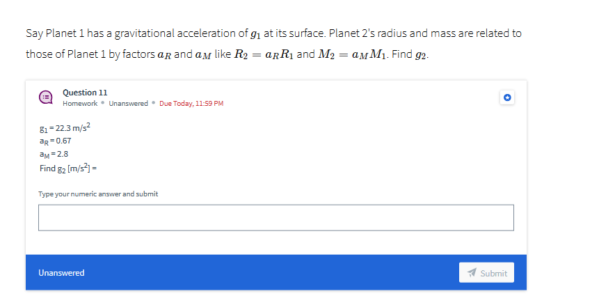 Solved Say Planet 1 has a gravitational acceleration of g1 | Chegg.com