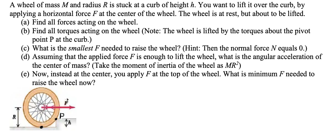 Solved A wheel of mass M and radius R is stuck at a curb of | Chegg.com