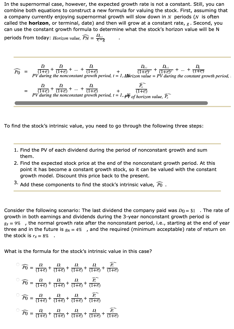 Solved In the supernormal case, however, the expected growth | Chegg.com