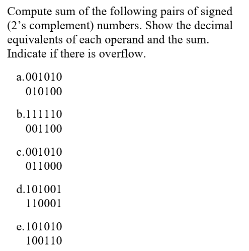 Solved Compute sum of the following pairs of signed (2’s | Chegg.com