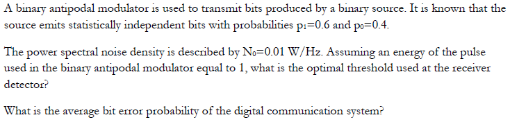 Solved A binary antipodal modulator is used to transmit bits | Chegg.com