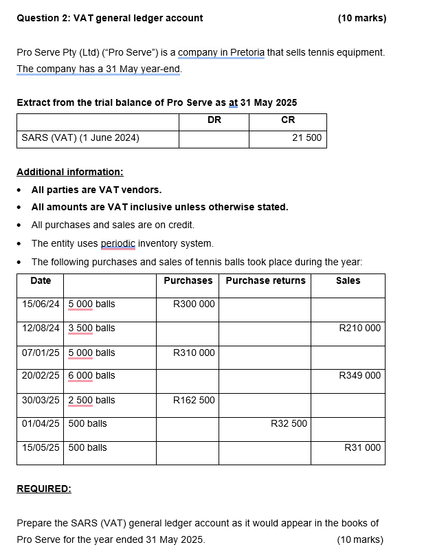Solved Question 2: VAT general ledger account (10 ﻿marks) | Chegg.com