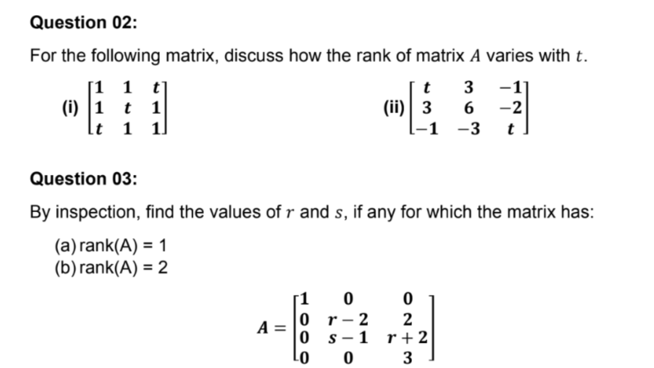 Solved For the following matrix, discuss how the rank of | Chegg.com