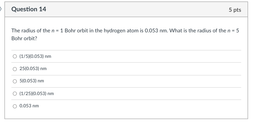 Solved Question 14 5 pts The radius of the n = 1 Bohr orbit | Chegg.com