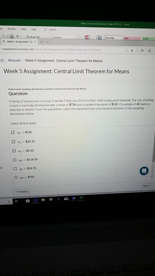 Solved Week 5 Normal Distribution Math 225N (1) - Excel ma 2 | Chegg.com