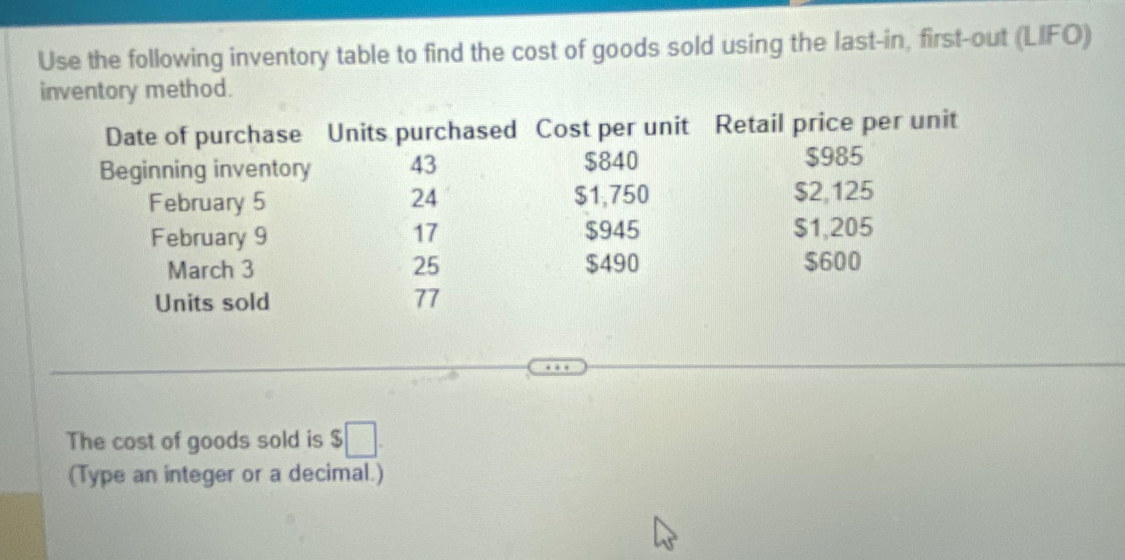 Solved Use the following inventory table to find the cost of | Chegg.com