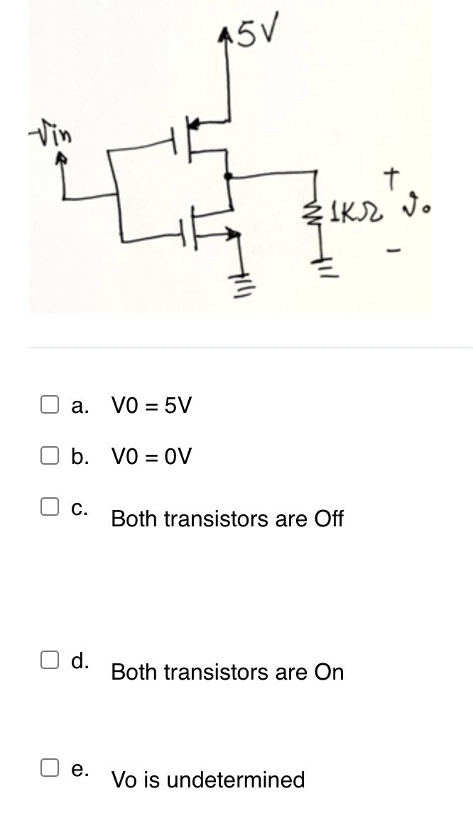 Solved a. V0=5 V b. V0=0 V c. Both transistors are Off d. | Chegg.com