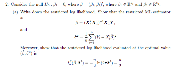 2. Consider the null Ho : B2 = 0, where B = (B1, | Chegg.com