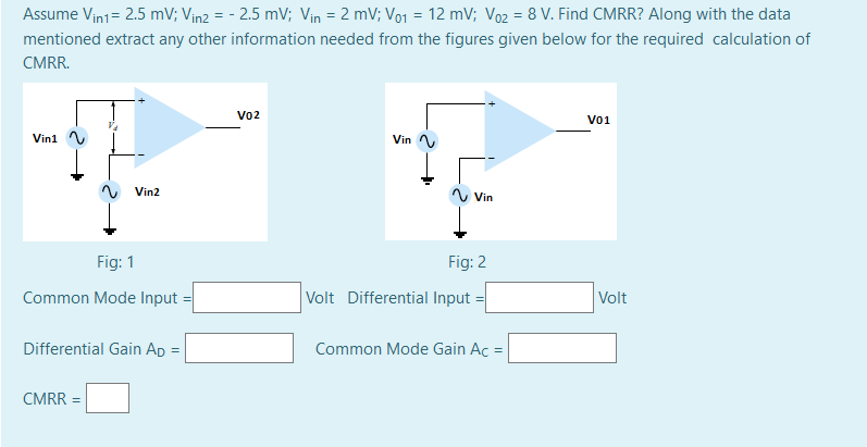 Solved Assume Vin1= 2.5 mV; Vin2 = -2.5 mV; Vin = 2 mV; V01 | Chegg.com