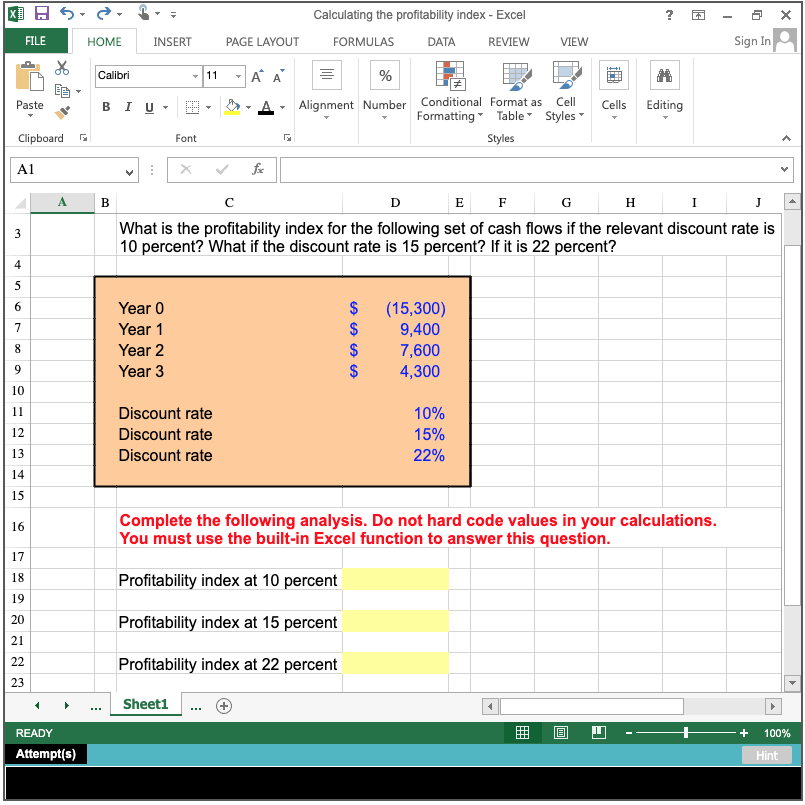 Solved Xda Calculating The Profitability Index Excel A 