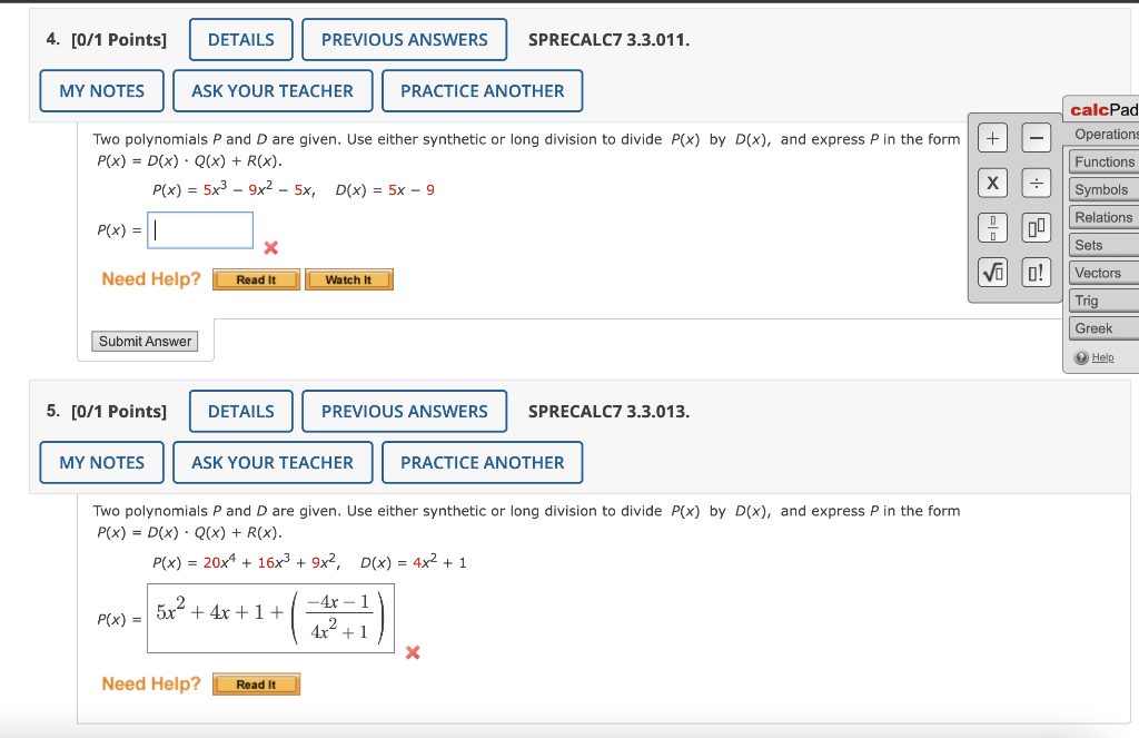 Solved 4. [0/1 Points] DETAILS PREVIOUS ANSWERS SPRECALC7 | Chegg.com