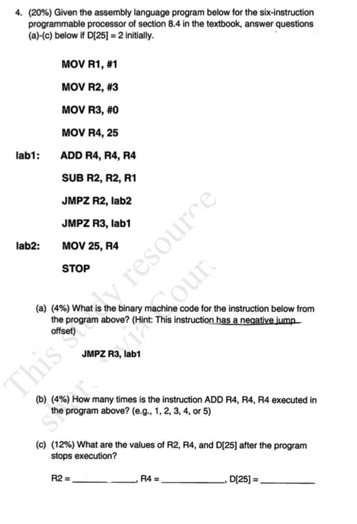 Solved (20%) Given the assembly language program below for | Chegg.com