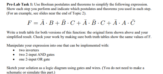 Solved Pre-Lab Task 1: Use Boolean postulates and theorems | Chegg.com