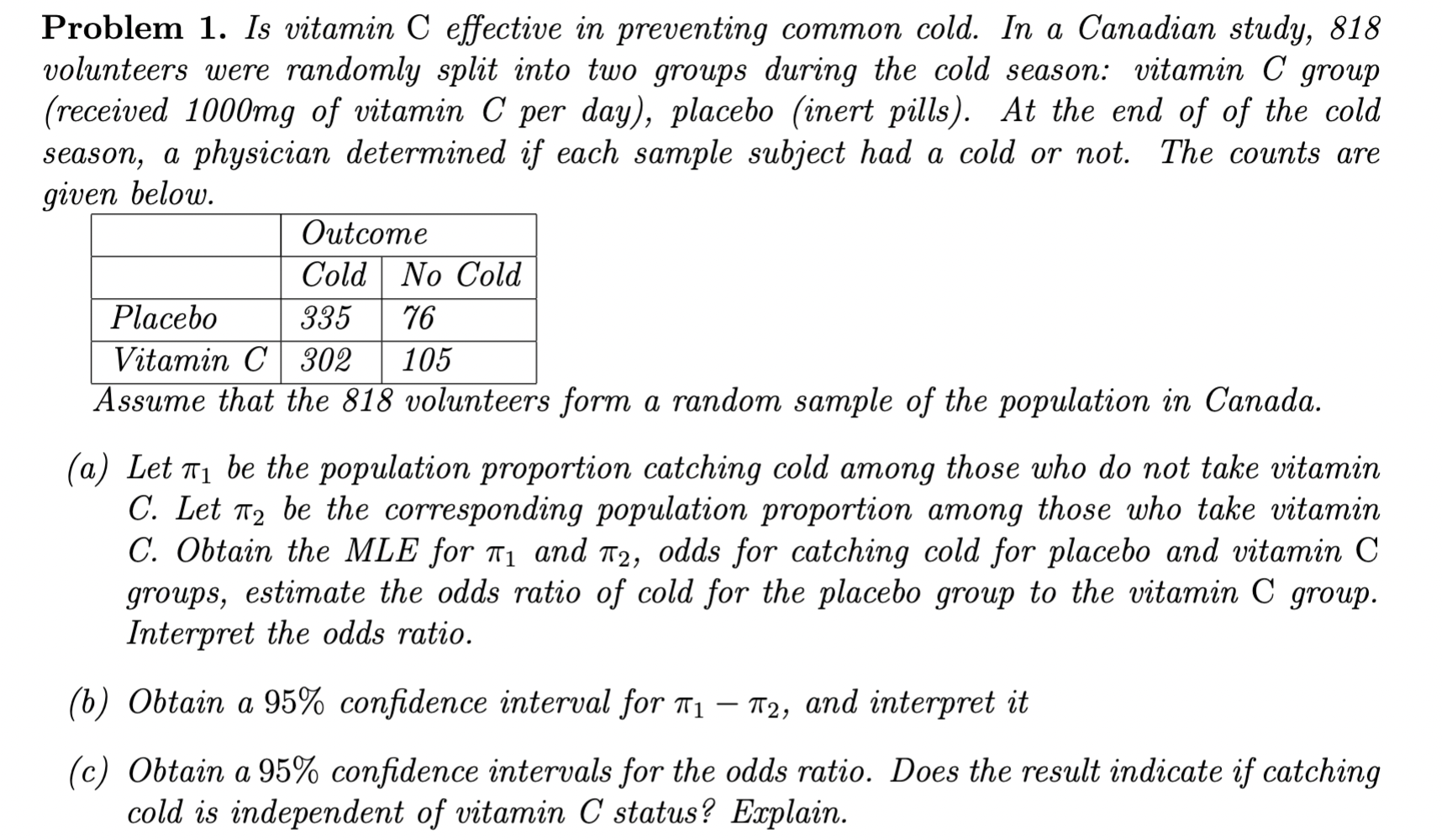 Solved Problem 1. ﻿Is vitamin C ﻿effective in preventing | Chegg.com