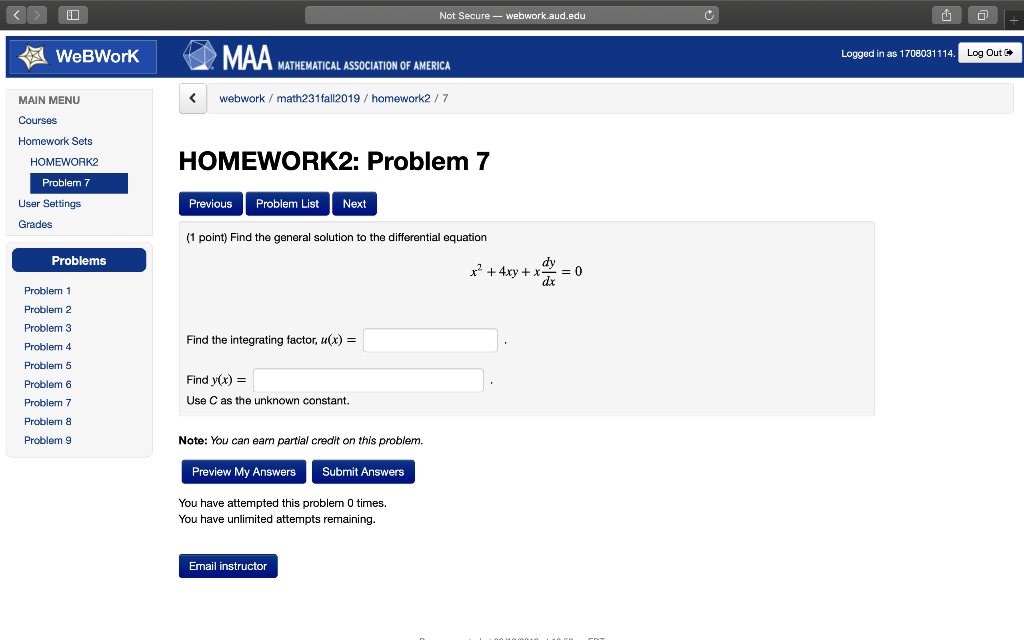 Solved Not Secure - webwork.aud.edu ů O - WebWork Logged in | Chegg.com