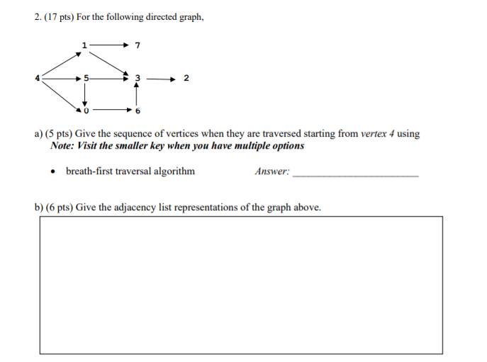 Solved 2. (17 pts) For the following directed graph, 7 5 N | Chegg.com