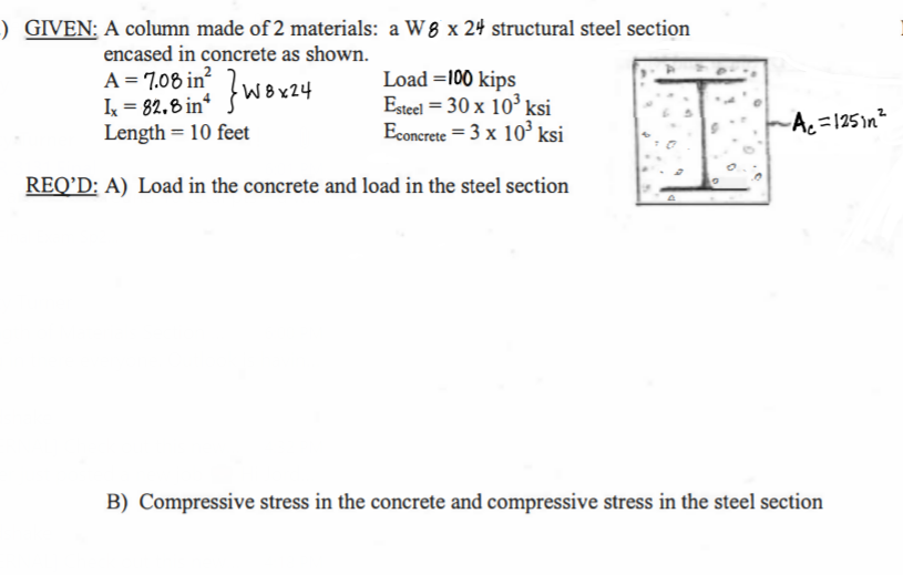 Solved ) GIVEN: A column made of 2 materials: a W8 x 24 | Chegg.com