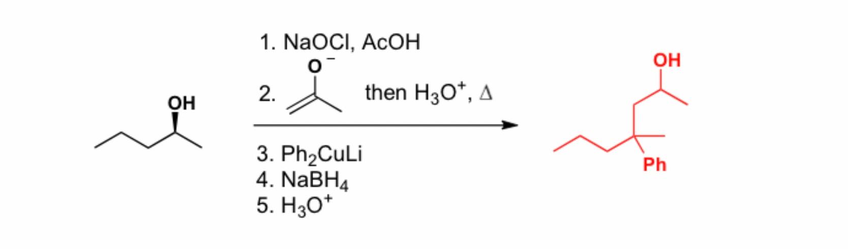 Solved 1. NaOCl,AcOH 2. 4. NaBH4 5. H3O+ | Chegg.com