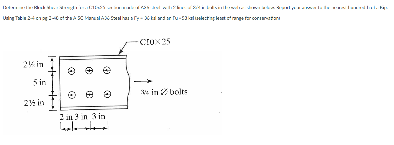 Solved Determine the Block Shear Strength for a C10x25 | Chegg.com