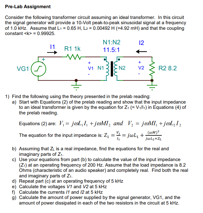 Solved Pre-Lab Assignment Consider the following transformer | Chegg.com