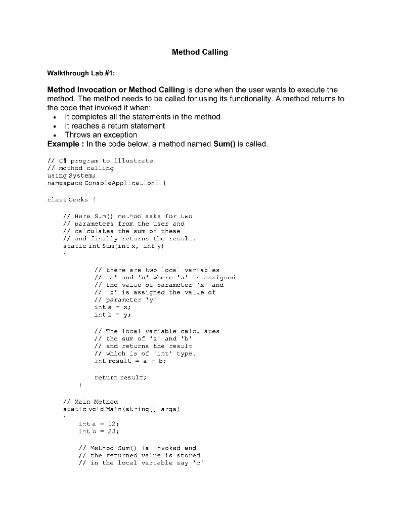 Method Calling Walkthrough Lab #1: Method Invocation | Chegg.com