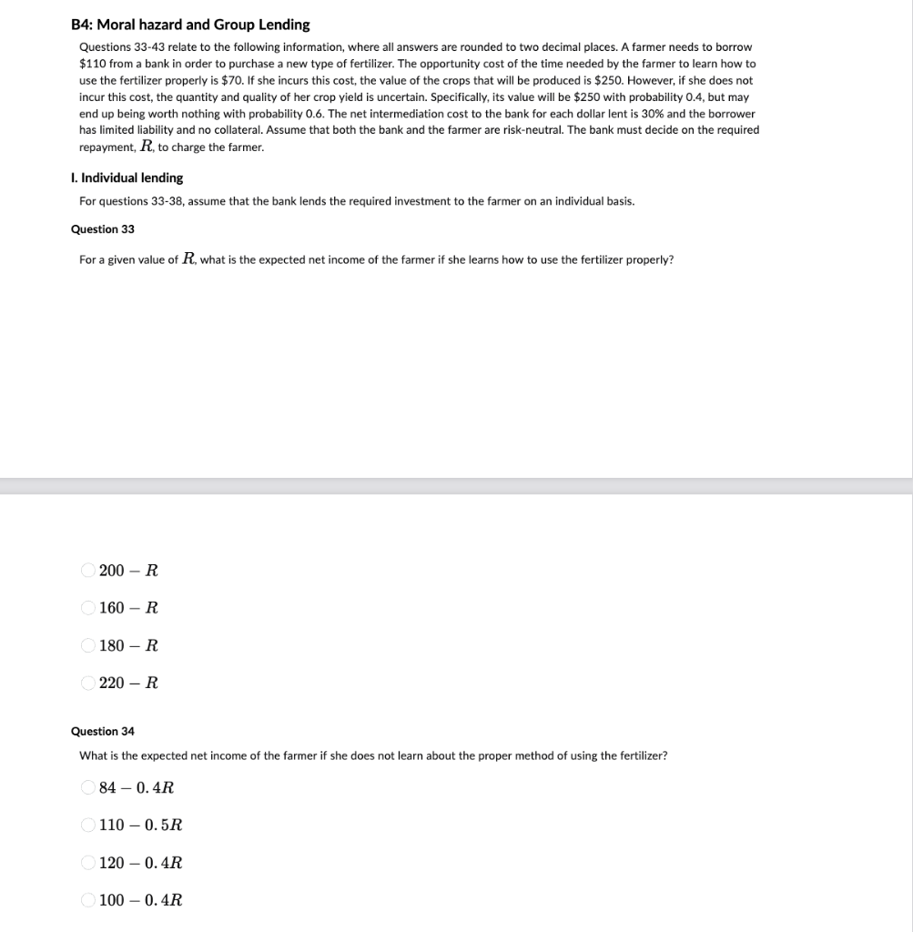 Solved B4: Moral hazard and Group Lending Questions 33-43 | Chegg.com