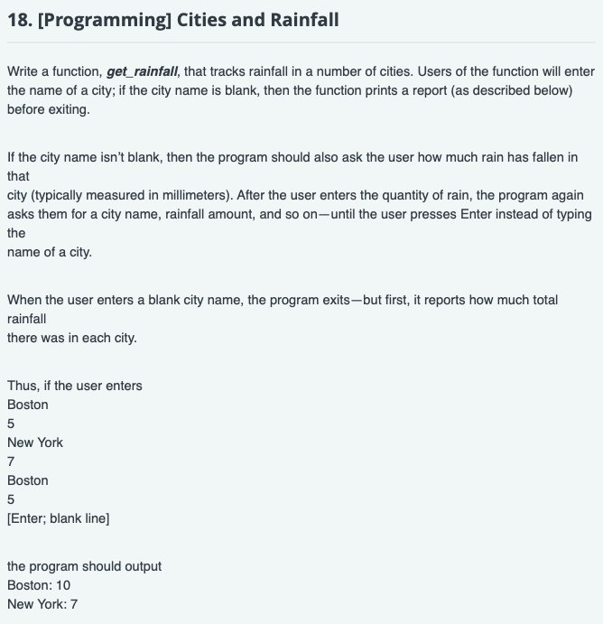 Solved 18. [Programming] Cities and Rainfall Write a | Chegg.com