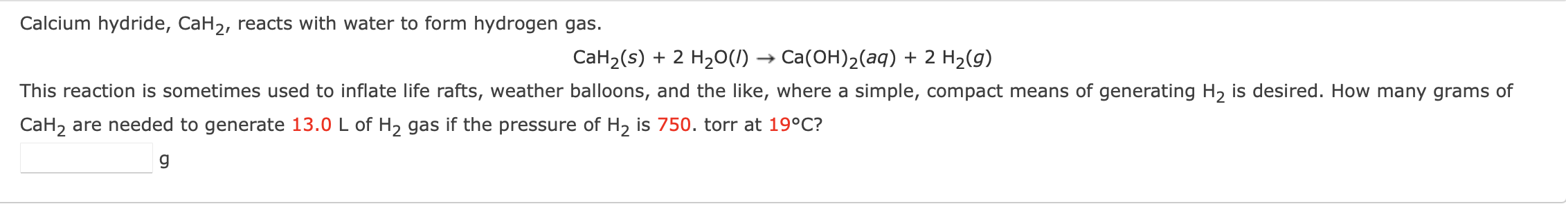 Solved Calcium hydride, CaH2, reacts with water to form | Chegg.com