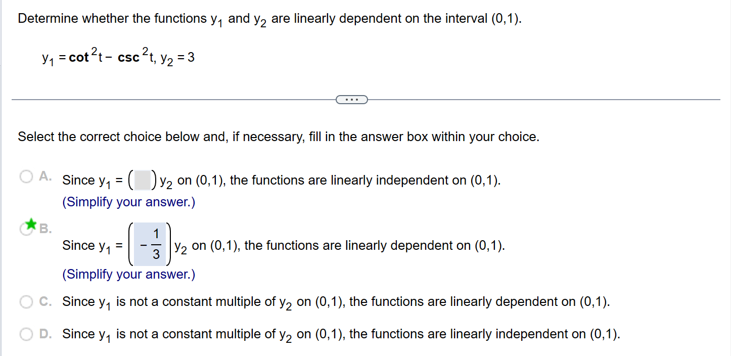 Solved Determine whether the functions y1 and y2 are | Chegg.com