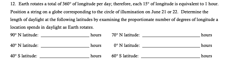 Solved 12. Earth rotates a total of 360° of longitude per | Chegg.com