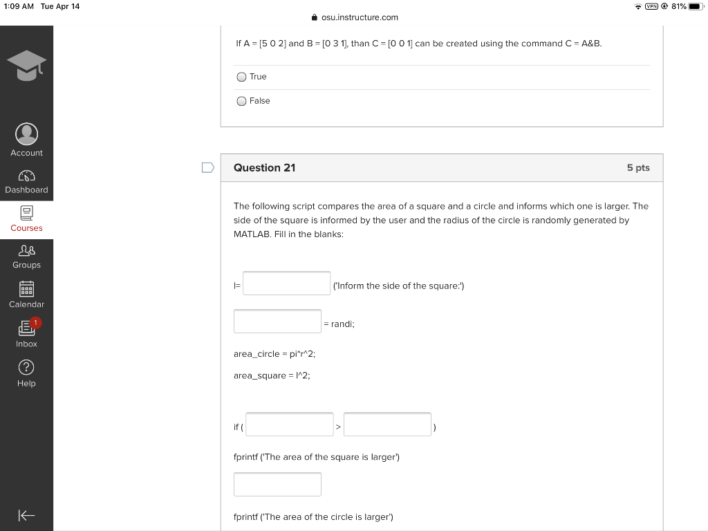 Solved 1:09 AM Tue Apr 14 @ 81%D osu.instructure.com If A = | Chegg.com