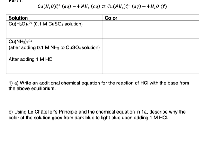 Solved Cu(H20){+ (aq) + 4 NH3(aq) = Cu(NH3)*+ (aq) + 4H20 | Chegg.com