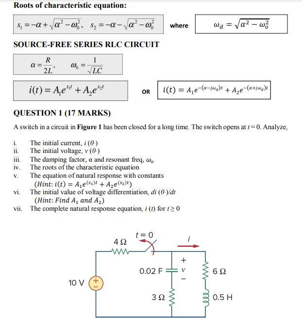 Solved Roots of characteristic equation: s =-a + a? - w, s, | Chegg.com