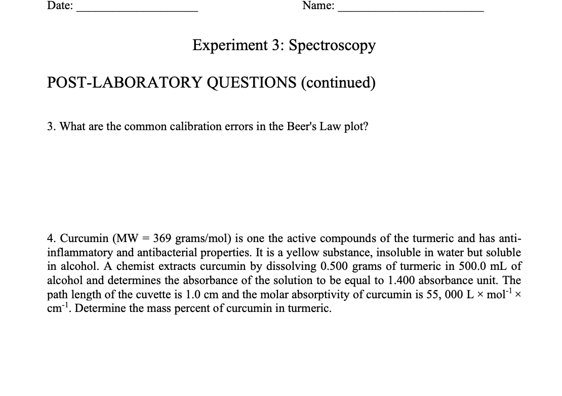 Solved Experiment 3: Spectroscopy POST-LABORATORY QUESTIONS | Chegg.com