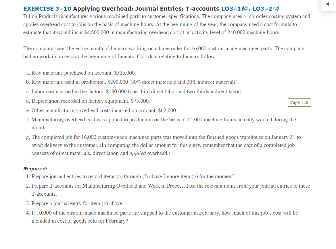 Solved EXERCISE 3-10 Applying Overhead; Journal Entries; | Chegg.com