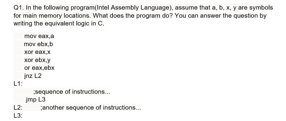 Solved Q1. In the following program (Intel Assembly | Chegg.com