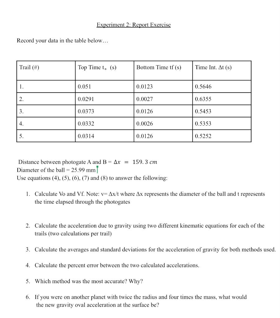 Solved Experiment 2: Report Exercise Record your data in the | Chegg.com