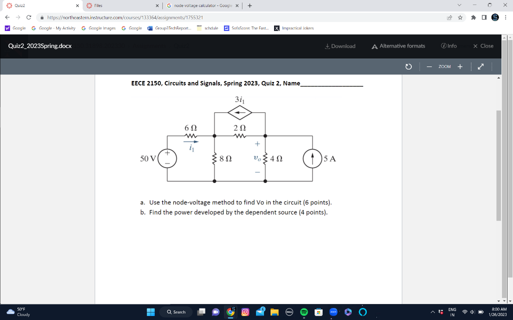 Solved EECE 2150, Circuits and Signals, Spring 2023, Quiz 2, | Chegg.com