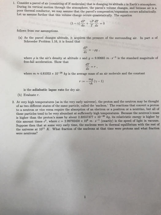Solved 1. Consider a parcel of air (consisting of N | Chegg.com