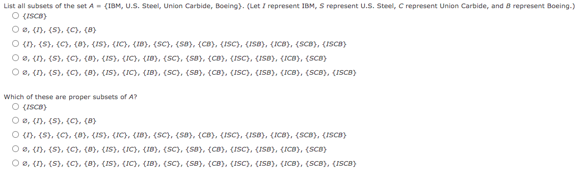 Solved List all subsets of the set A = {IBM, U.S. Steel, | Chegg.com