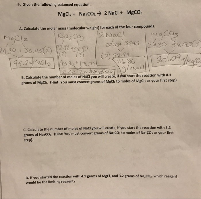 Solved 9. Given the following balanced equation: MgCl2+ | Chegg.com