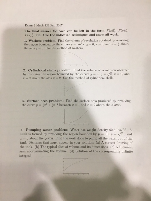 Solved Exam 2 Math 122 Fall 2017 The final answer for each | Chegg.com