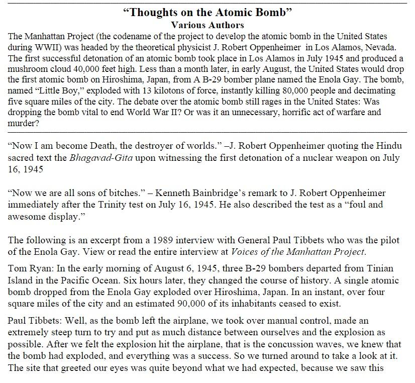 "Thoughts on the Atomic Bomb" Various Authors The | Chegg.com