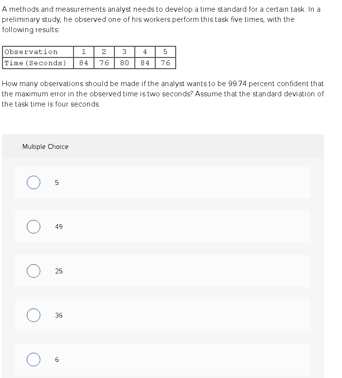 Solved A methods and measurements analyst needs to develop a | Chegg.com