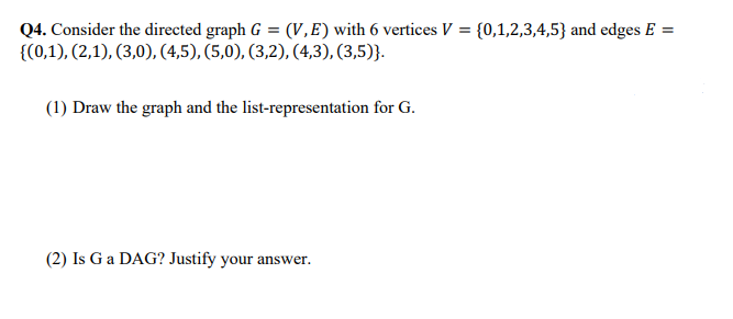 Solved Q4. Consider the directed graph G=(V,E) with 6 | Chegg.com