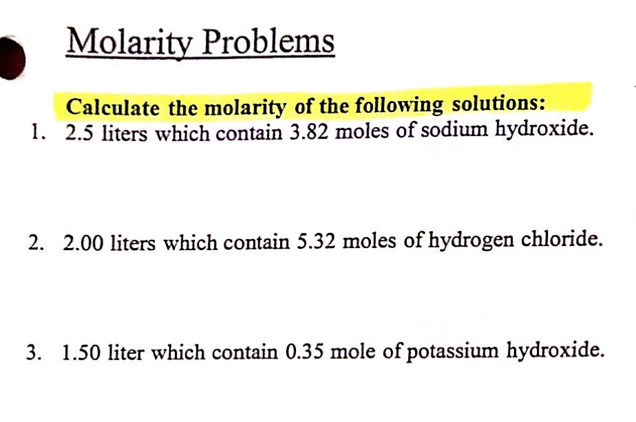 Solved Molarity Problems Calculate the molarity of the | Chegg.com