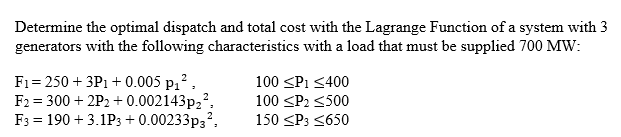 Solved Determine the optimal dispatch and total cost with | Chegg.com