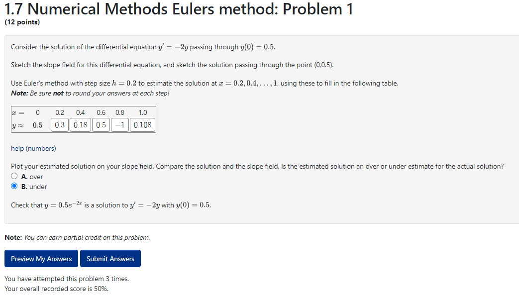 Solved 1.7 Numerical Methods Eulers method: Problem 1 (12 | Chegg.com