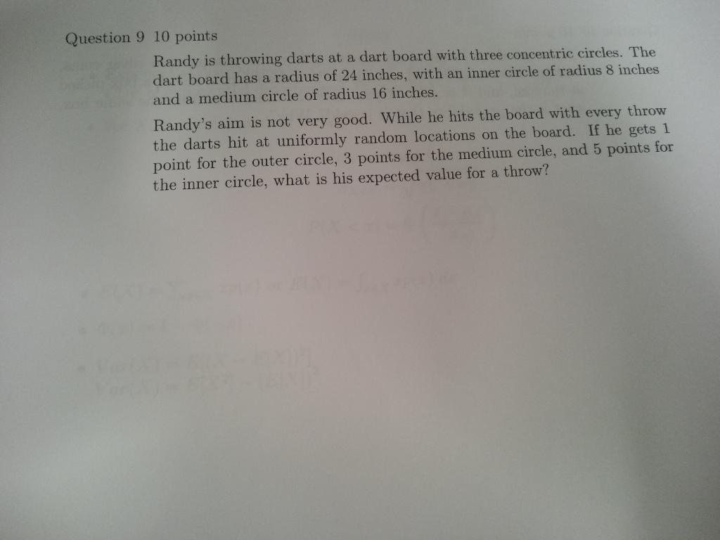 Solved 10 points Randy is throwing darts at a dart board | Chegg.com